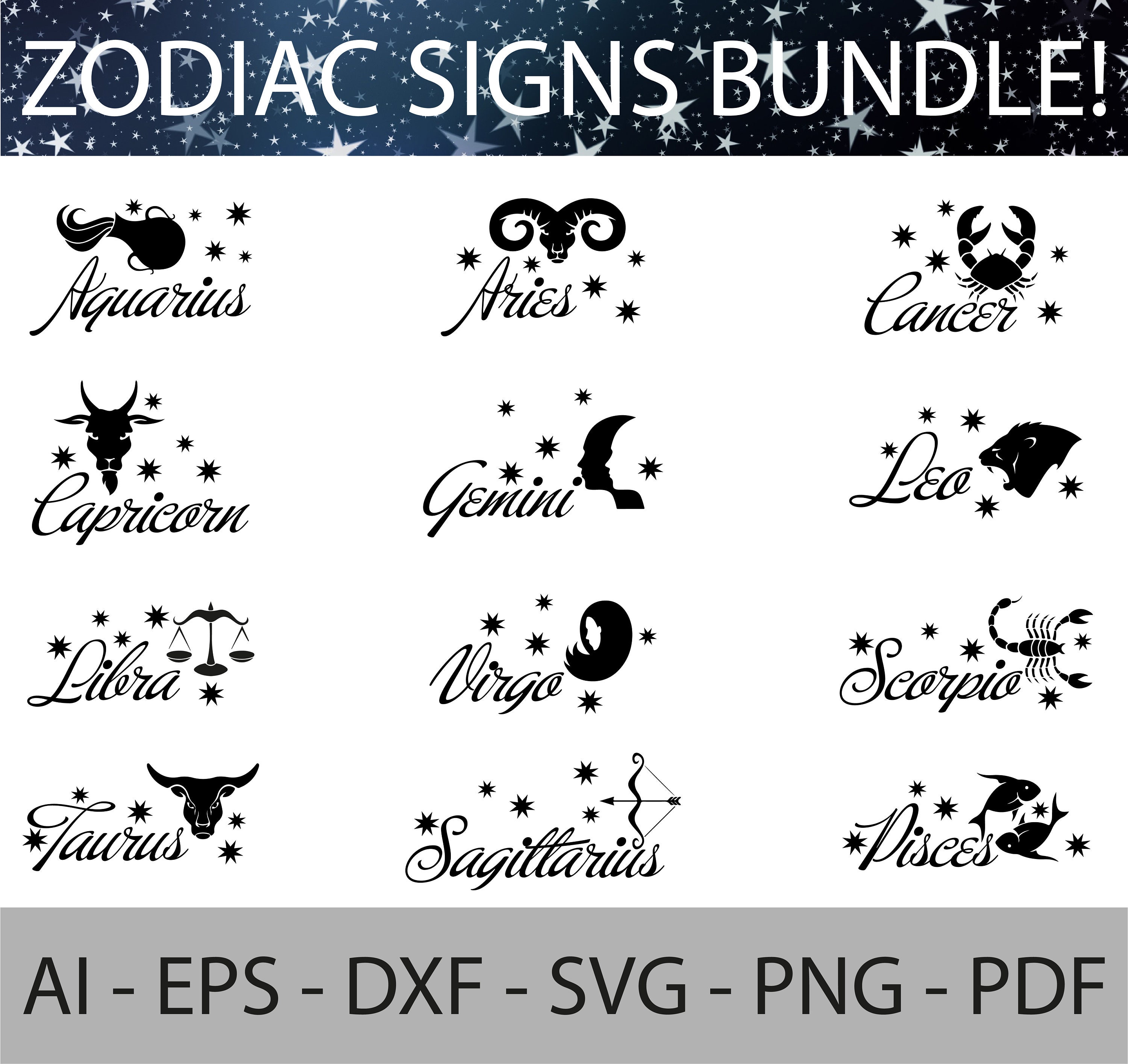 PNG DXF EPS Pdf Vector Files 12 Zodiac Sign Svg Bundle zodiac ...