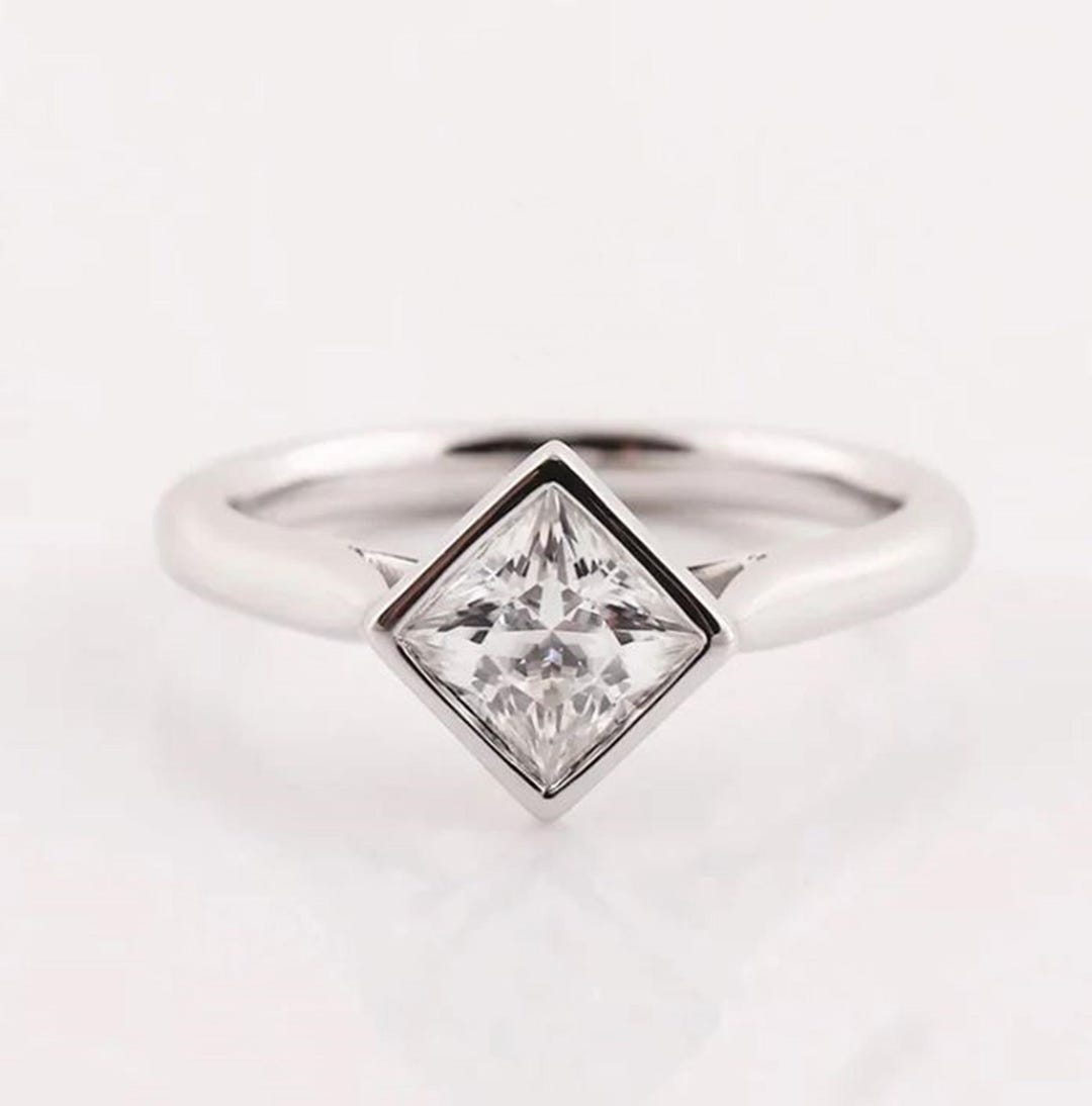 Kite Set Princess Lab Grown Diamond Bezel Set Ring, Solitaire Wedding ...