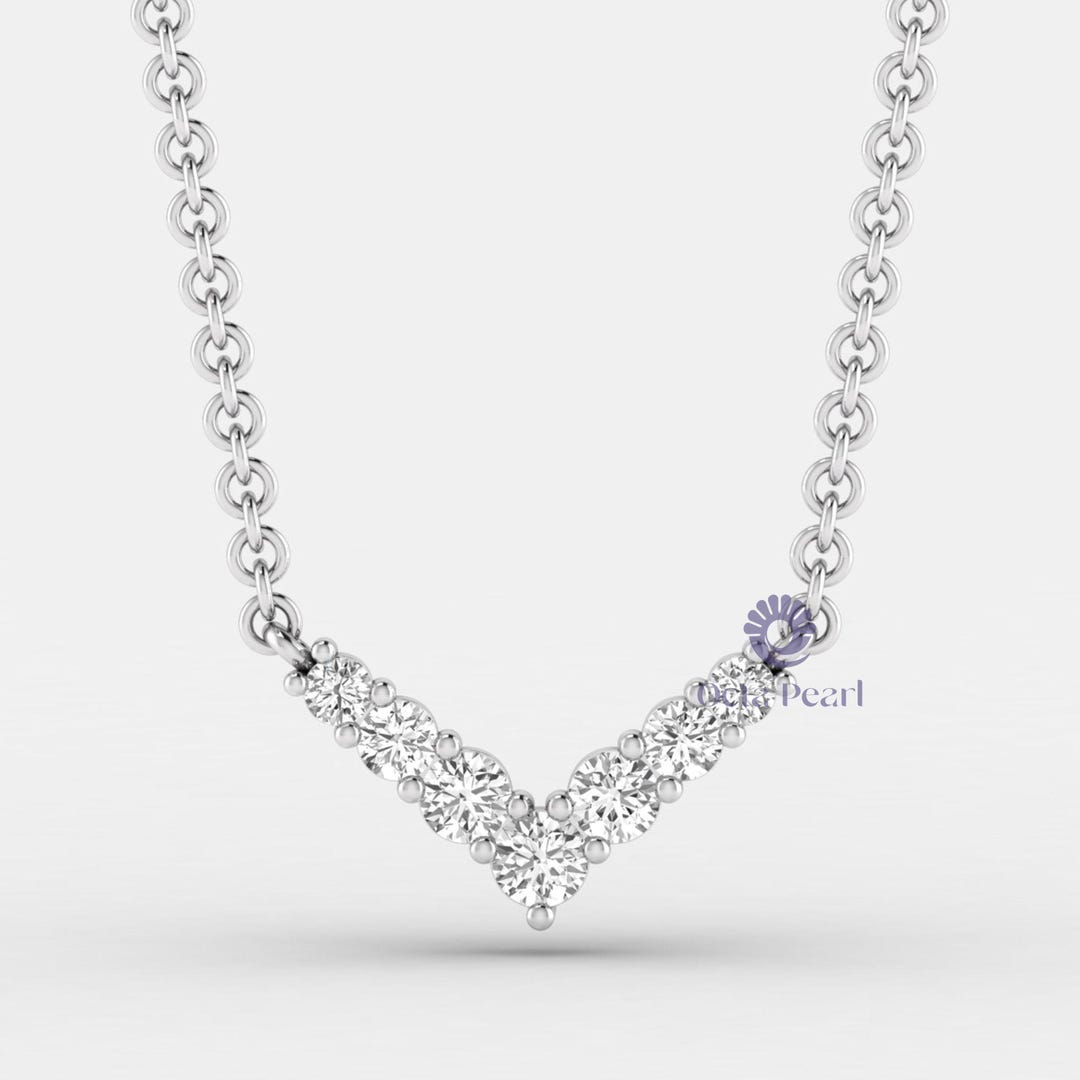 V Shape Pendant Necklace, Round Lab Grown Diamond Necklace, Chevron ...