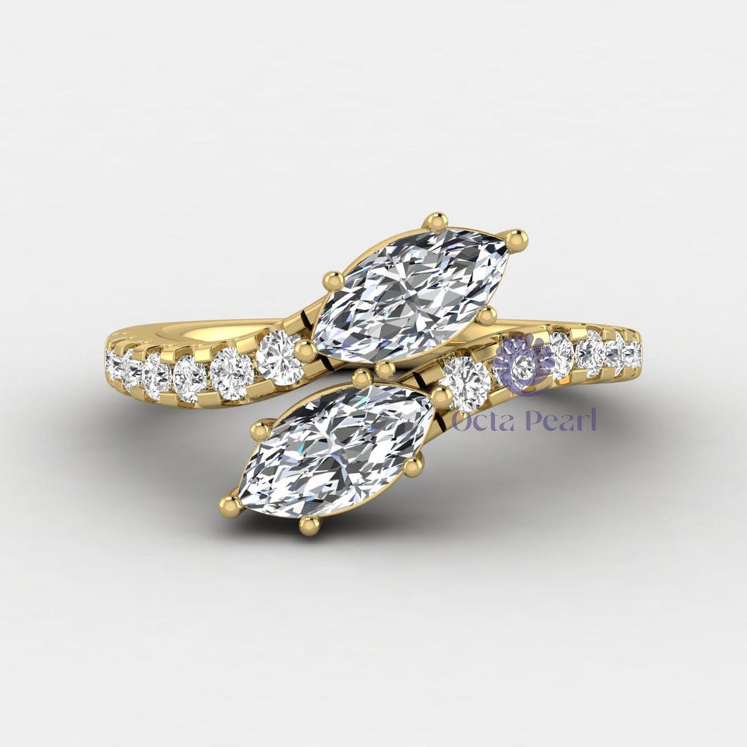 Two Stone Bypass Shank Ring, Marquise Cut Lab Grown Diamond Engagement Ring, Open Gap Ring for ...