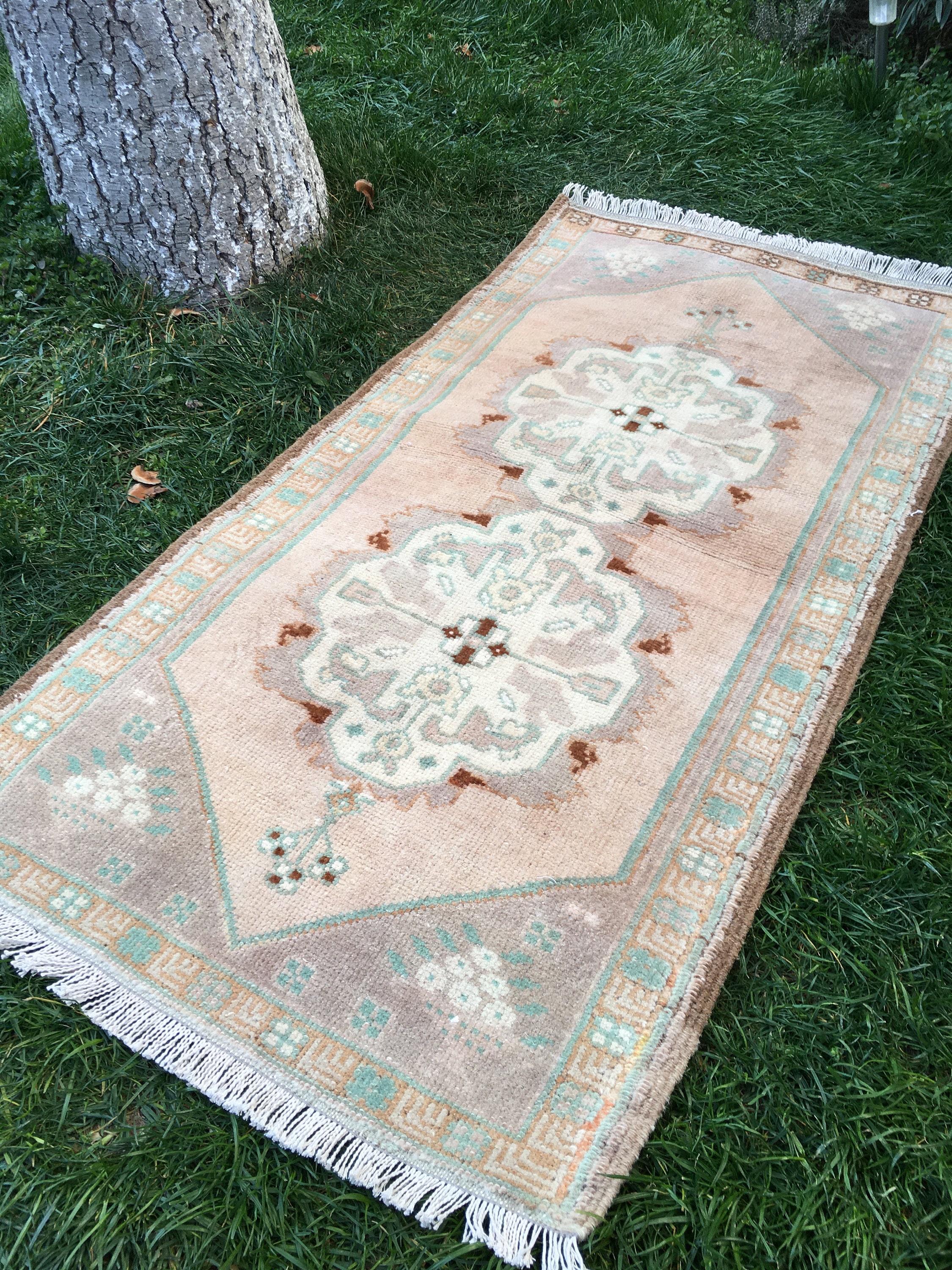 Small Turkish Rug for Bathroom Tan Taupe Green Brown | Etsy