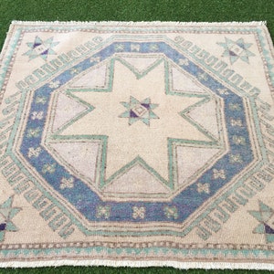 2x2 Small Turkish Rug Brown and Beige on Blue Wool on Wool. 2.6x2.3 Ft ...
