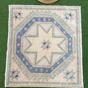 2x2 Small Turkish Rug Brown and Beige on Blue Wool on Wool. 2.6x2.3 Ft ...
