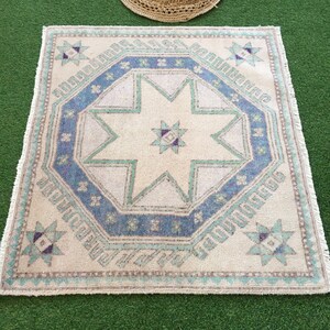 2x2 Small Turkish Rug Brown and Beige on Blue Wool on Wool. 2.6x2.3 Ft ...