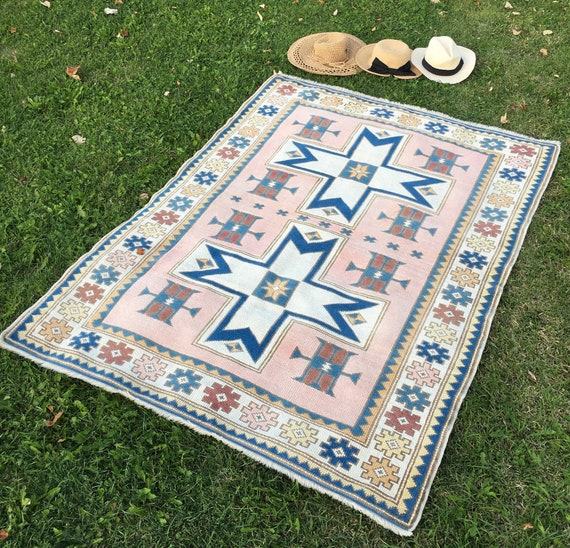 Vintage Turkish Area Rug Pink Blue | Etsy