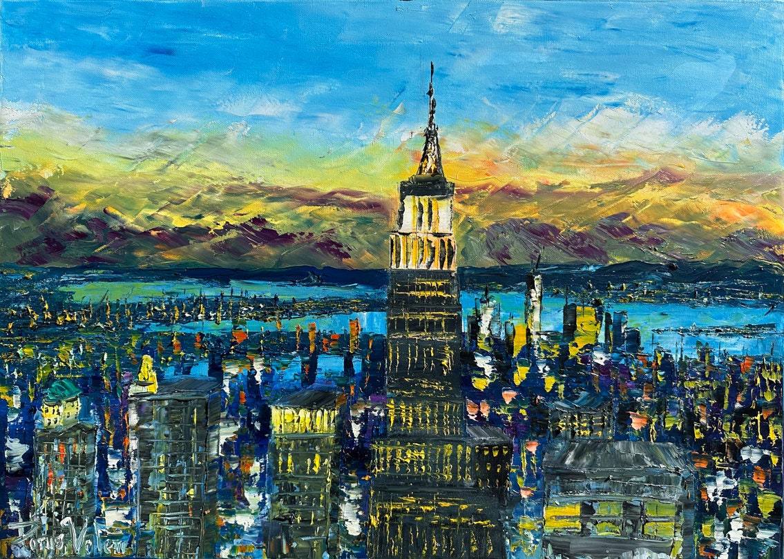 New York Empire State Building USA, Palette Knife Oil on Canvas ...