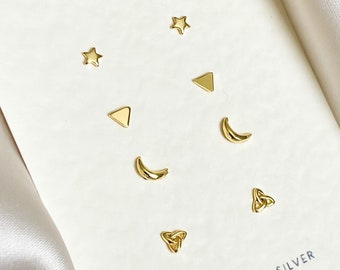 14k Tiny Gold Stud Set , Celestial Earrings Set , Sterling Silver Studs , Stud Earrings , 925 ...