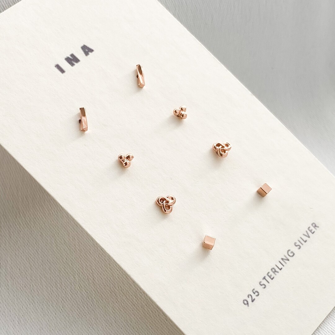 Rose Gold Tiny Stud Set , Rose Gold Earrings, Celestial Earrings Set ...