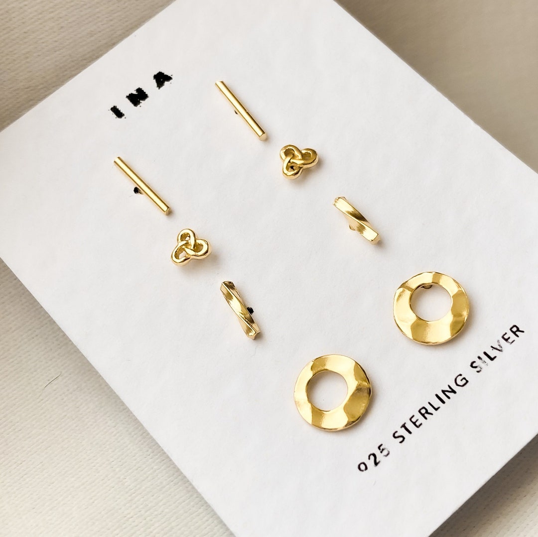 14k Tiny Gold Stud Set , Celestial Earrings Set , Sterling Silver Studs ...