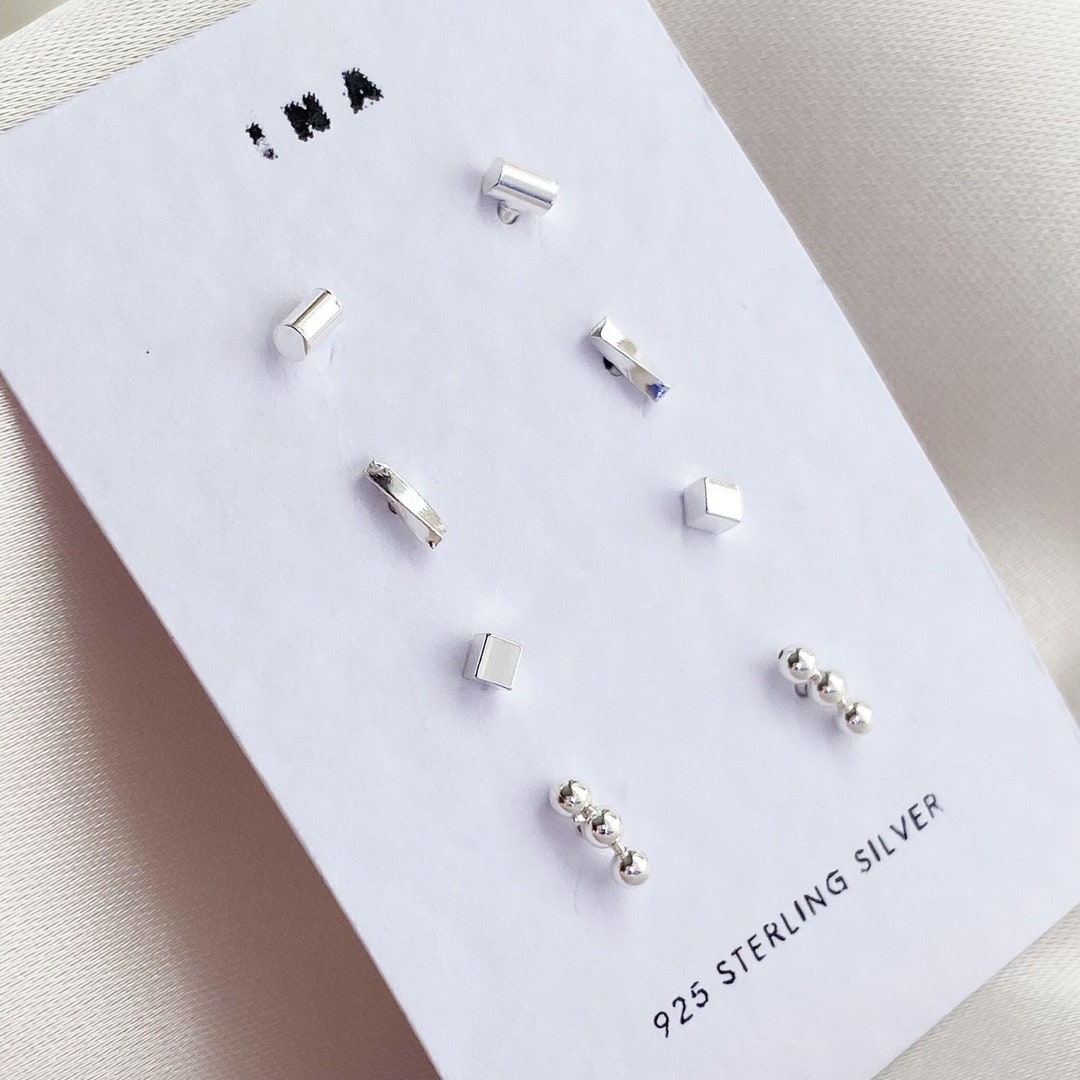 Sterling Silver Stud Earring Set , Silver Minimalist Studs , Stud Earrings , 925 Stud Earring ...