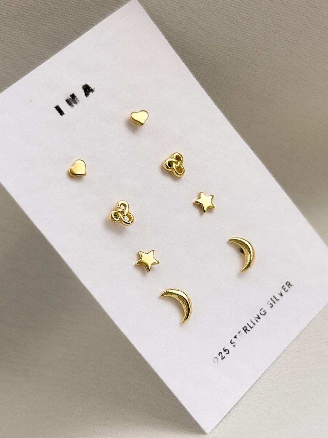 14k Tiny Gold Stud Set , Celestial Earrings Set , Sterling Silver Studs ...