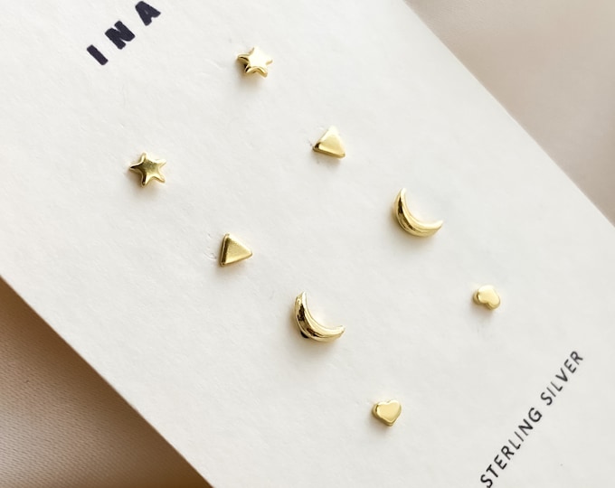 14k Tiny Gold Stud Set , Celestial Earrings Set , Sterling Silver Studs ...