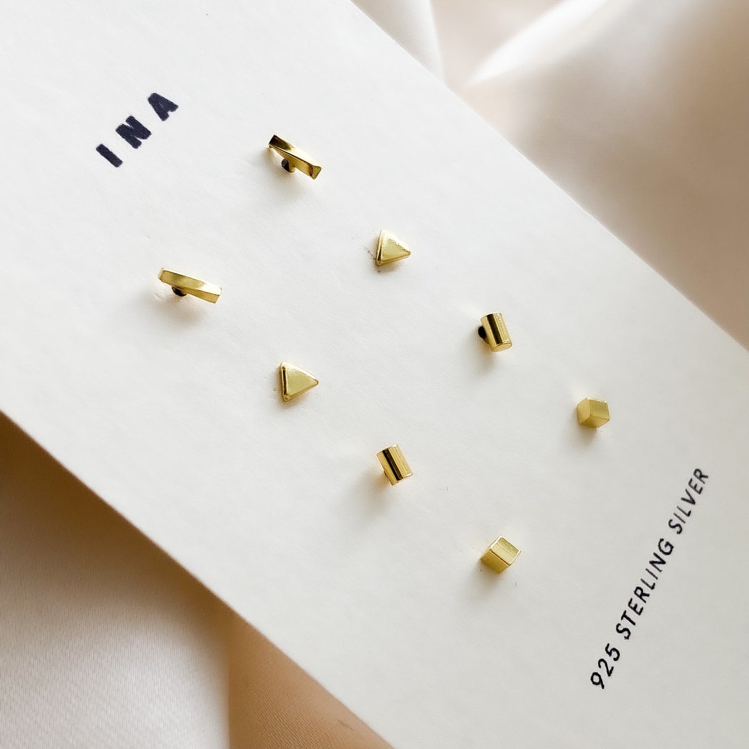 14k Tiny Gold Stud Set , Celestial Earrings Set , Sterling Silver Studs , Stud Earrings , 925 ...