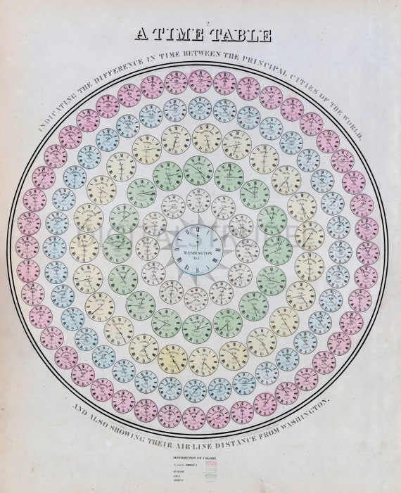 1867 Antique Print A Time Table Time Differences Between - Etsy