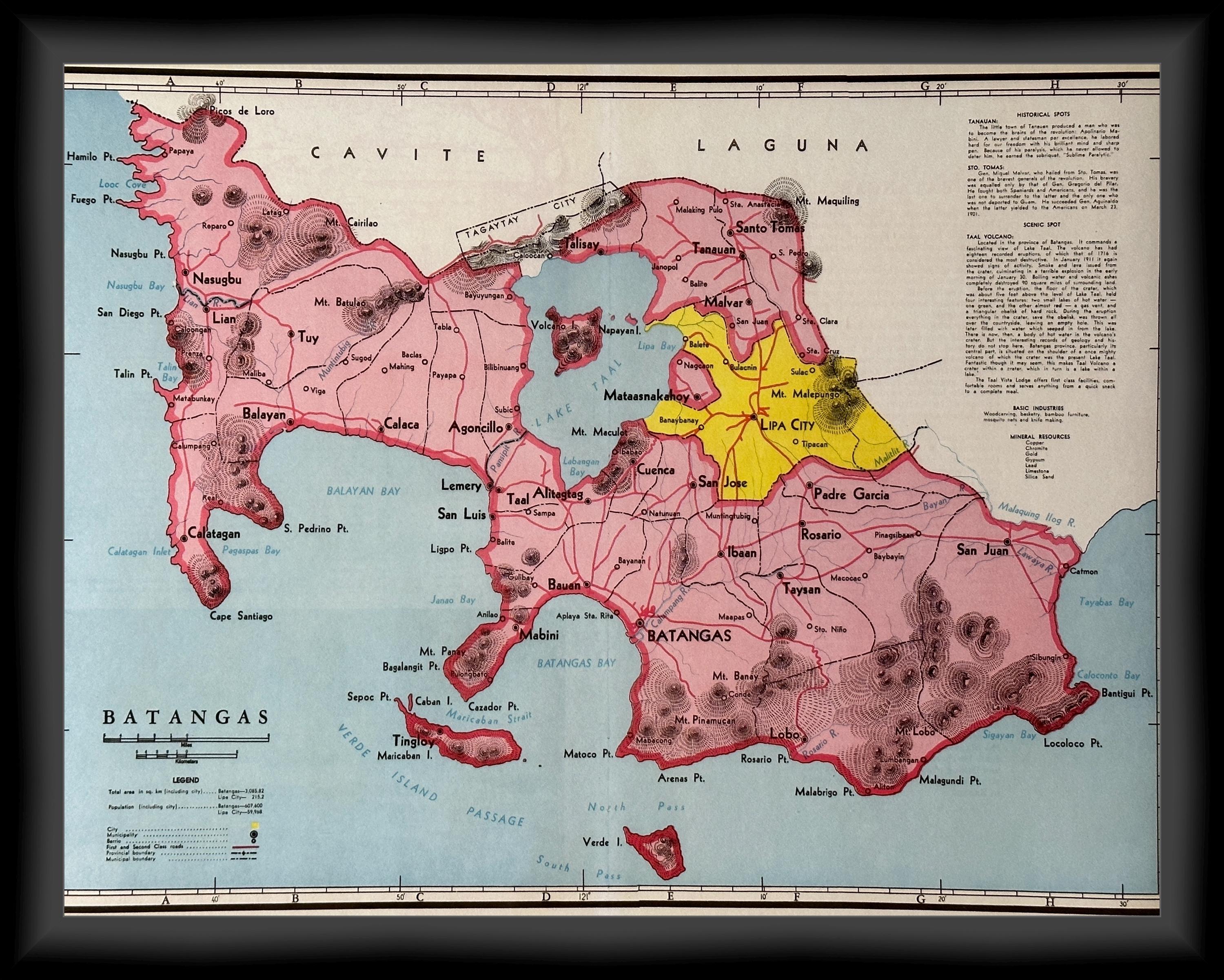 1959 Vintage Map of Batangas Province, Philippines - 11 X 14 Inch High ...