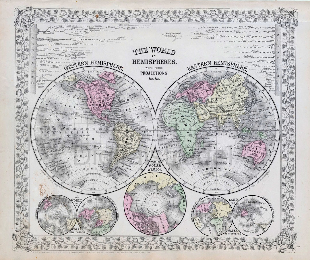1867 Antique Map of the World in Hemispheres - Mitchell World Map ...