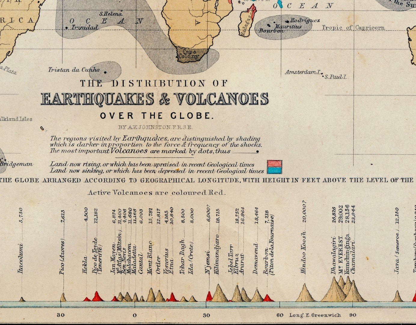 1887 Antique Map of Earthquakes and Volcanoes Over the Globe Physical ...