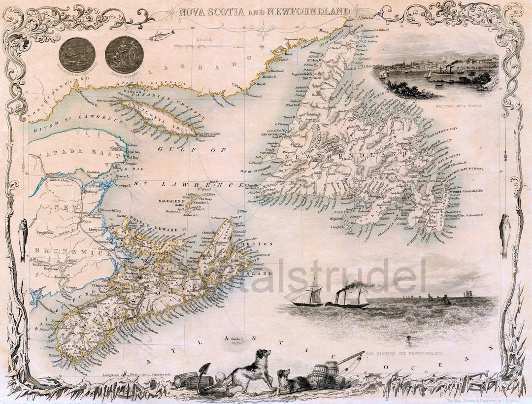 1851 Illustrated Map of Nova Scotia and Newfoundland - John Tallis Map ...