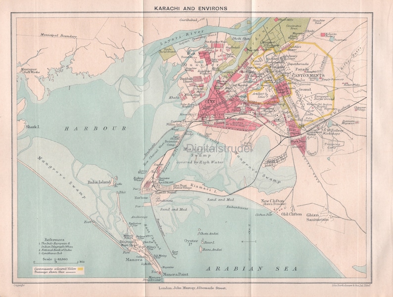 Vintage Map of Karachi and Environs, India - Pakistan - 1924 City Map ...