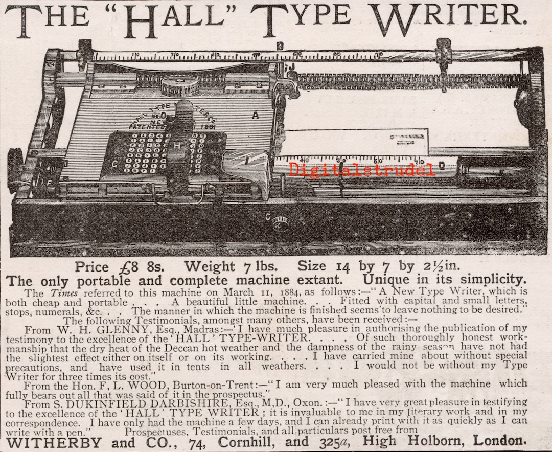Antique Advertisement for the Hall Typewriter - 1885 Ad - DIGITAL ...