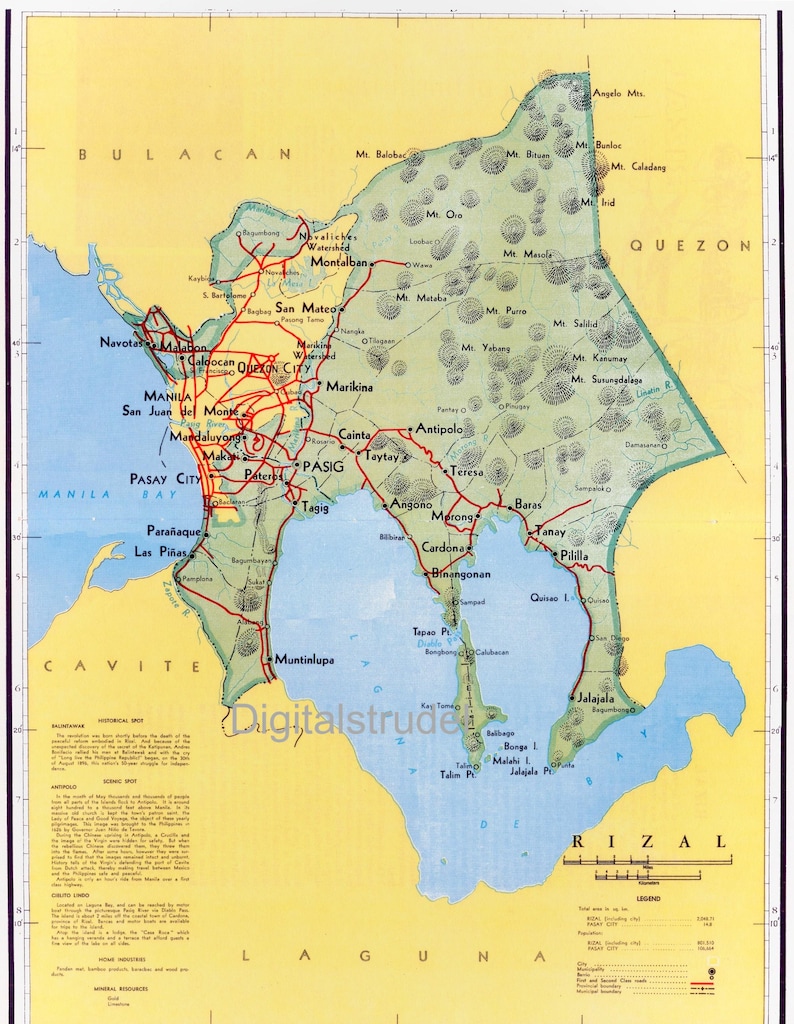 1959 Vintage Map of Rizal Province, Philippines - 11 X 14 Inch High ...
