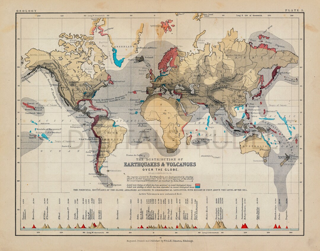 1887 Antique Map of Earthquakes and Volcanoes Over the Globe - Physical ...
