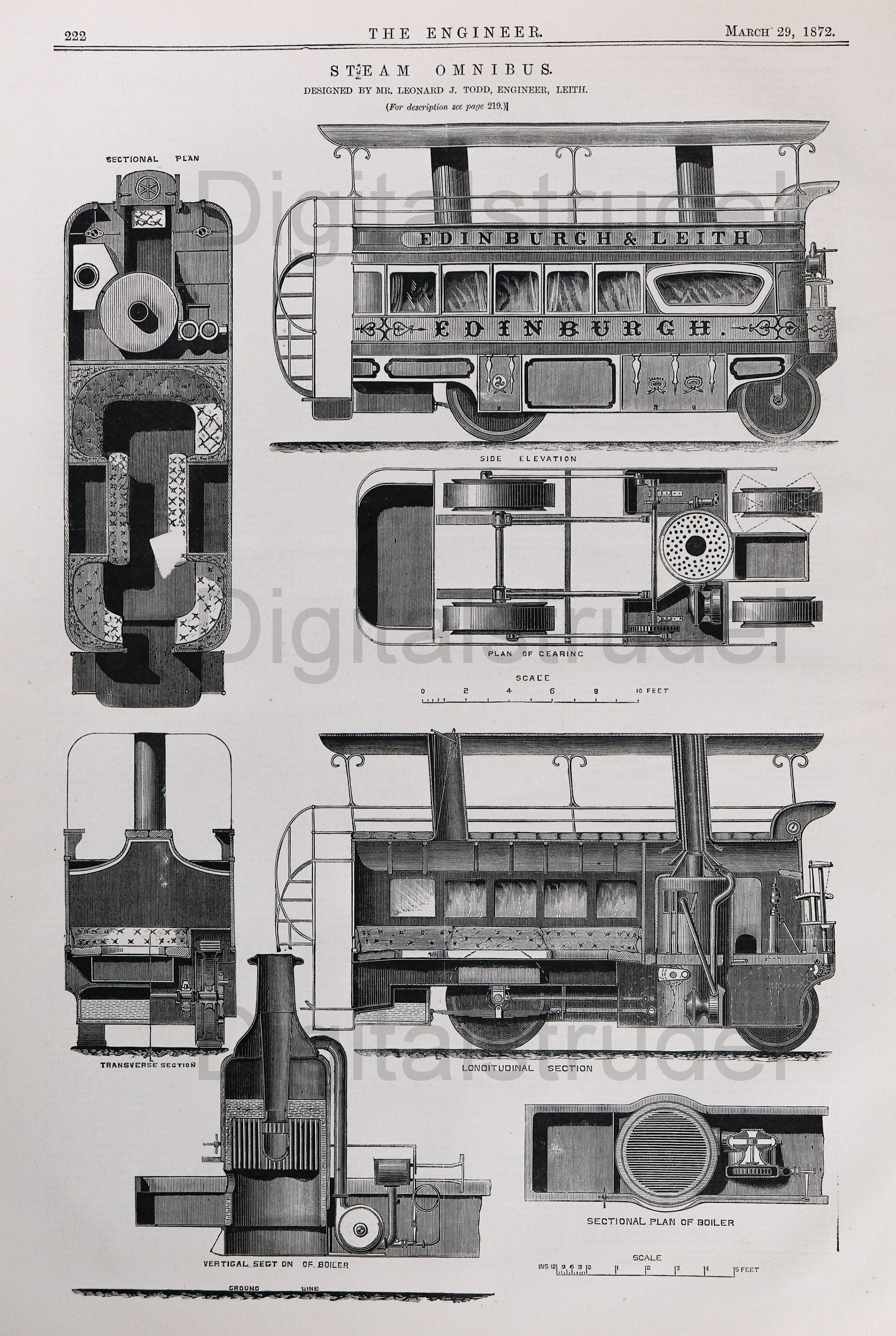 1872 Antique Print of a Steam Omnibus - Edinburgh and Leath, Scotland ...