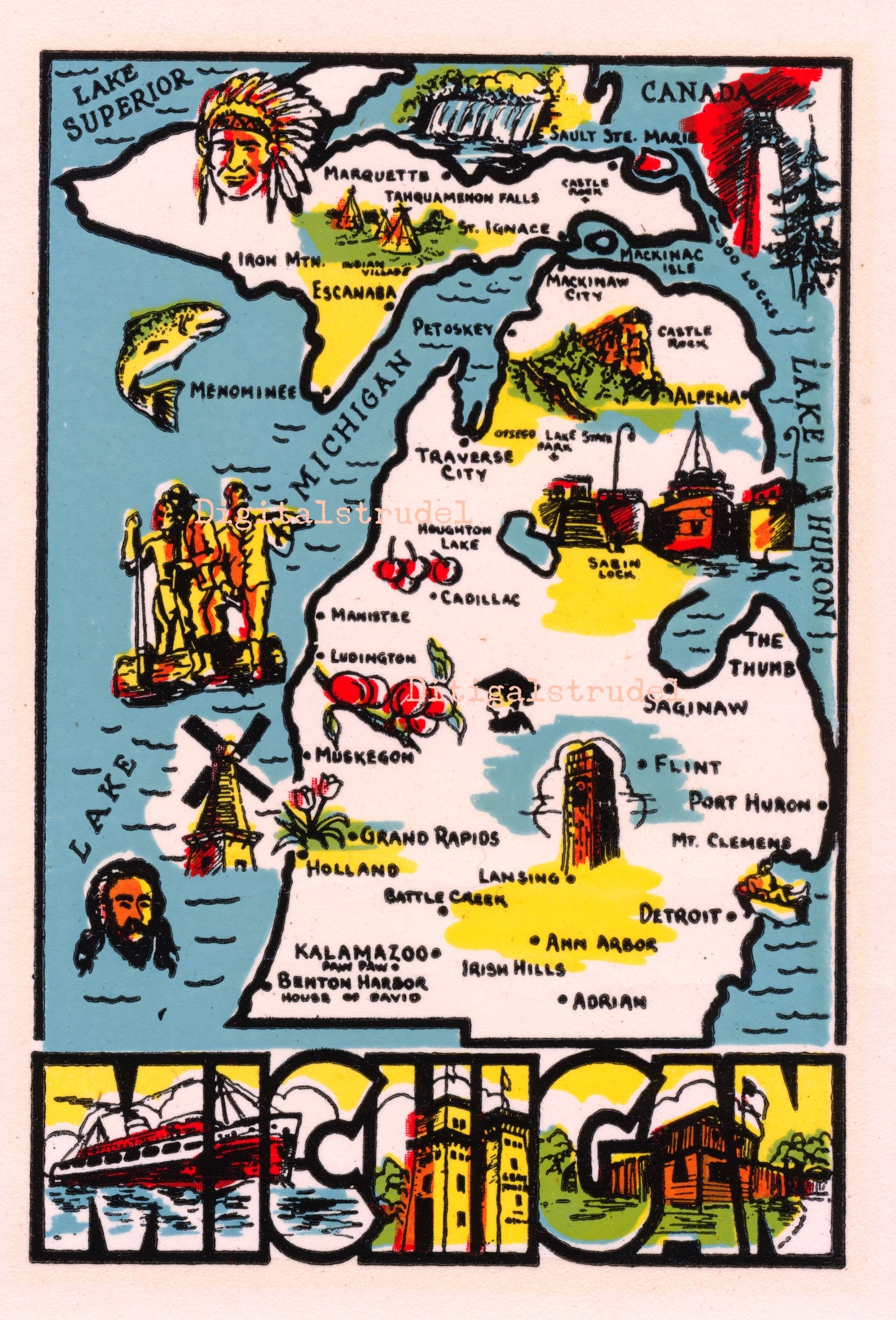 1950s RARE Water Decal - Michigan Map - Vintage Retro Travel Decal ...