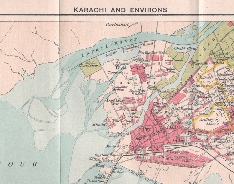 Vintage Map of Karachi and Environs, India - Pakistan - 1924 City Map ...