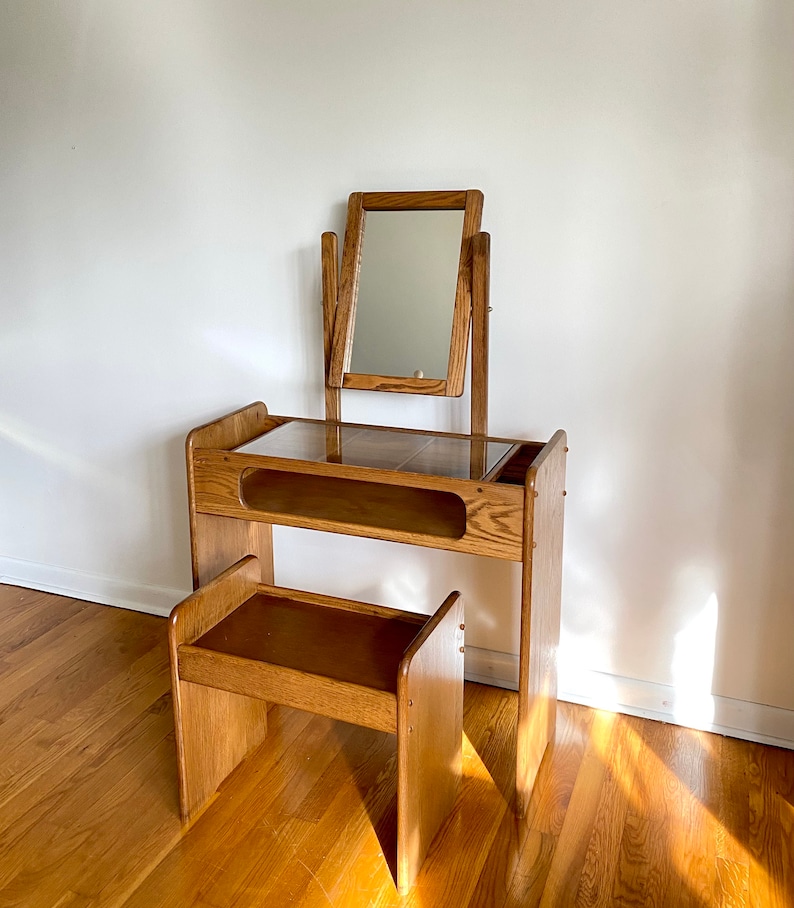 Vintage Oak MCM Solid Wood Vanity Desk With Mirror and Stool | Etsy