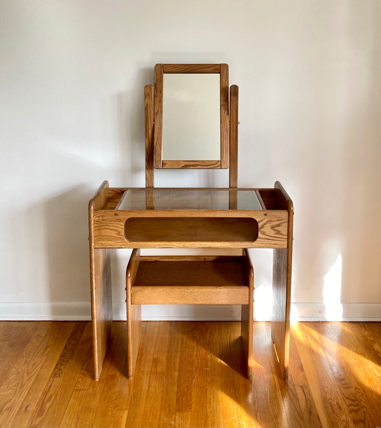 Vintage Oak MCM Solid Wood Vanity Desk With Mirror and Stool - Etsy