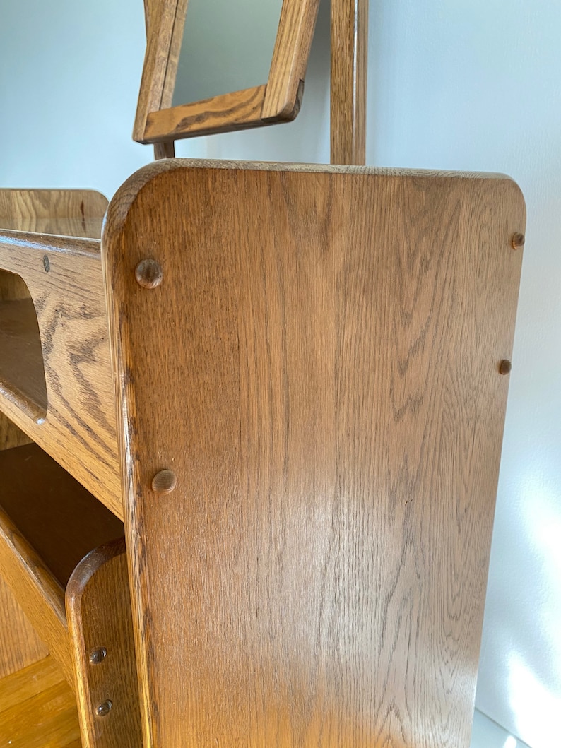 Vintage Oak MCM Solid Wood Vanity Desk With Mirror and Stool - Etsy