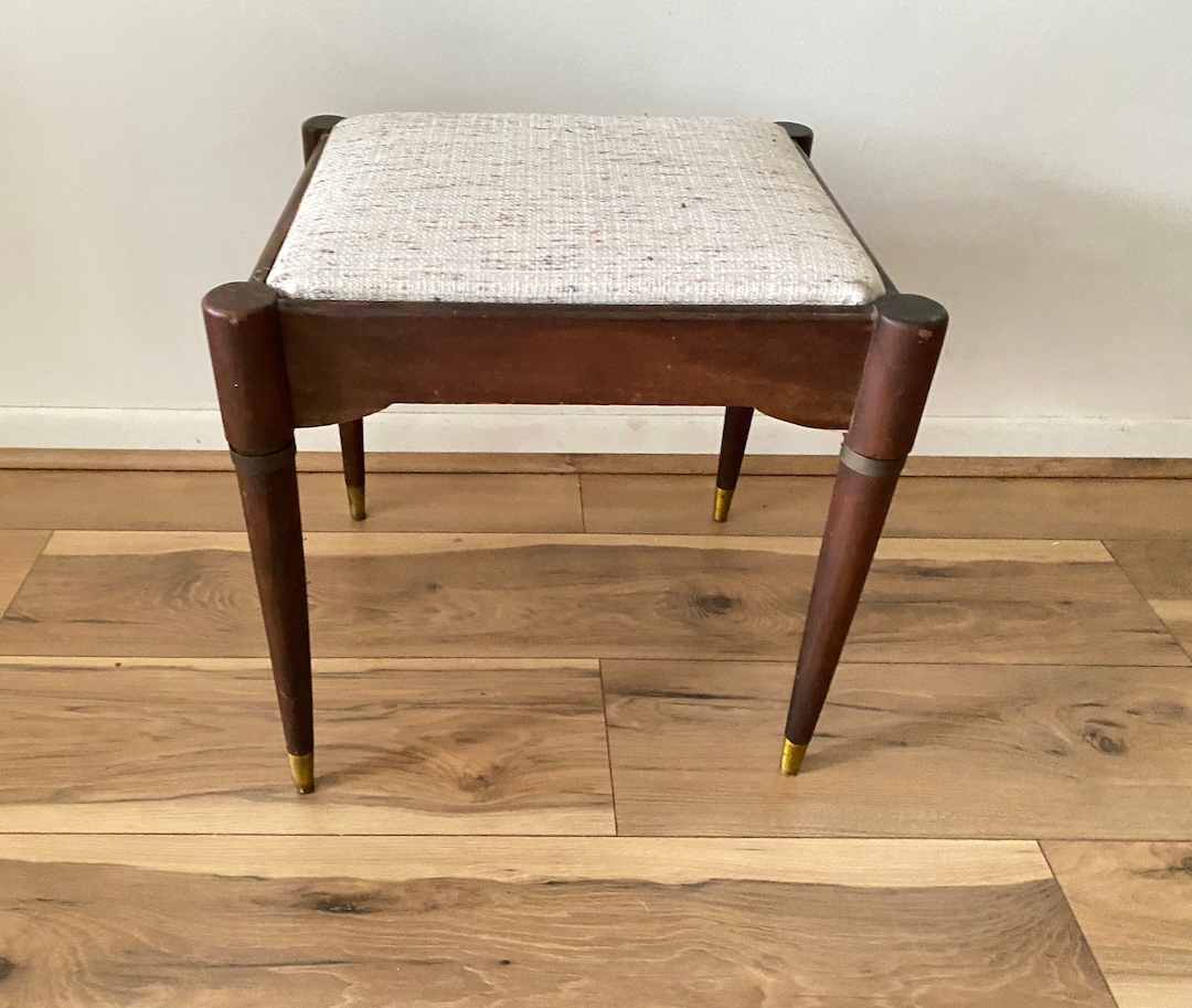 Vintage MCM Upholstered Solid Wood Stool, Mid Century Walnut Stool With ...