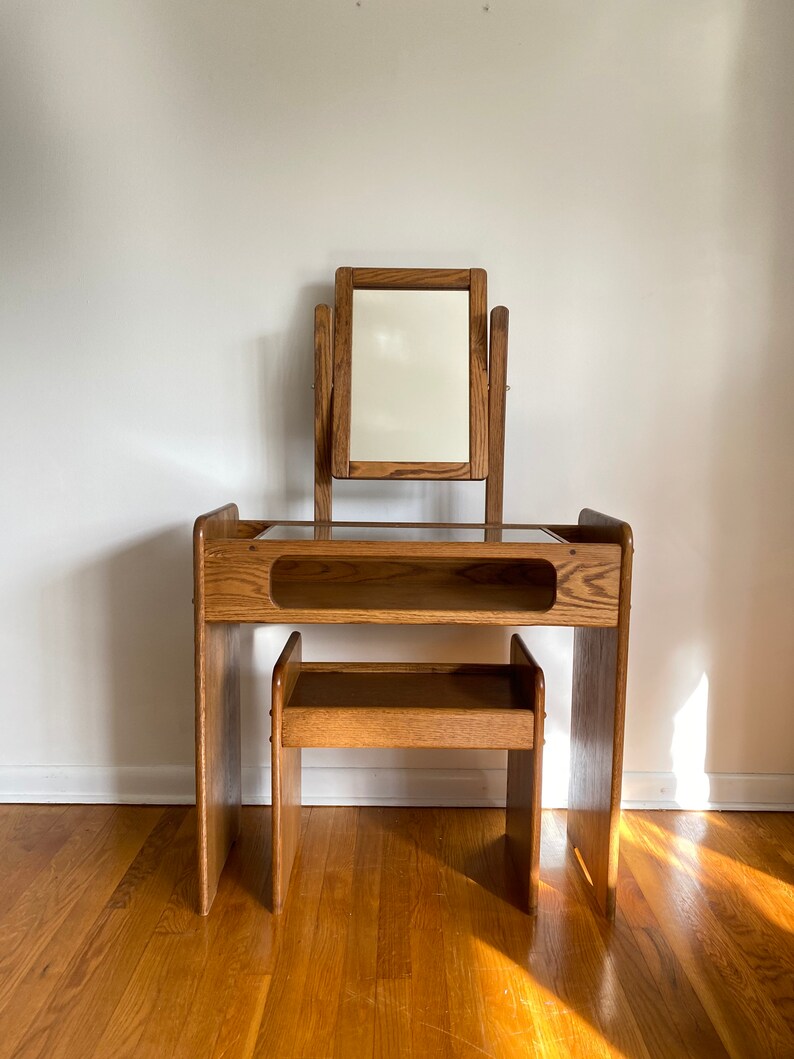Vintage Oak MCM Solid Wood Vanity Desk With Mirror and Stool | Etsy