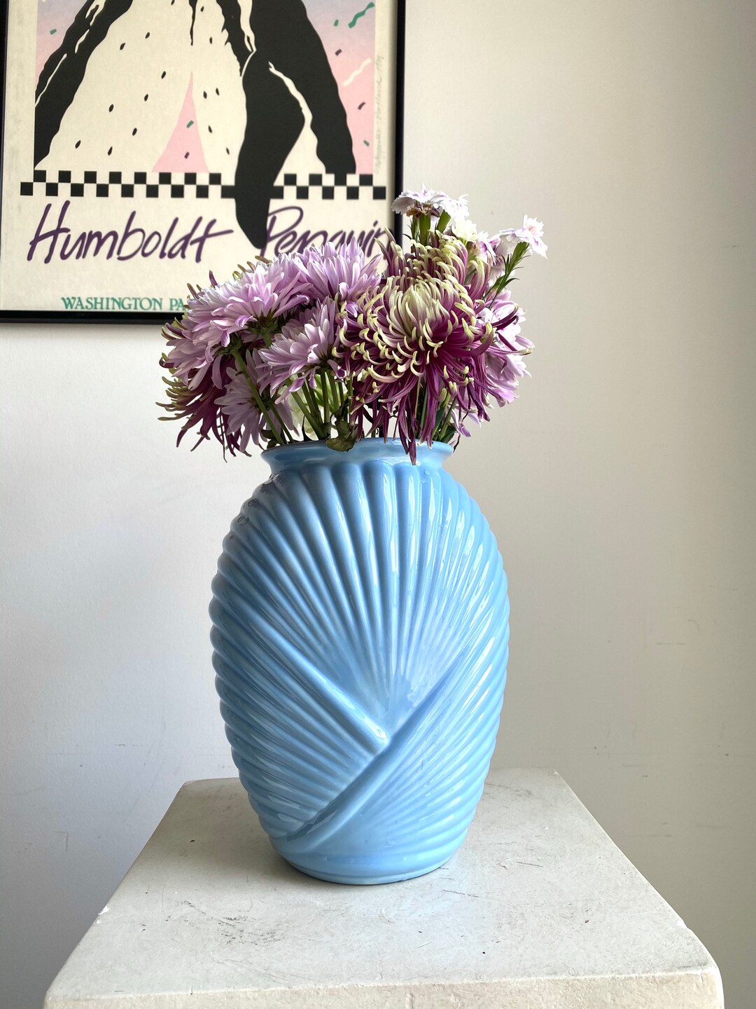 Vintage Art Deco Ceramic Vase, Blue Ribbed Art Deco Vase Modern Home ...