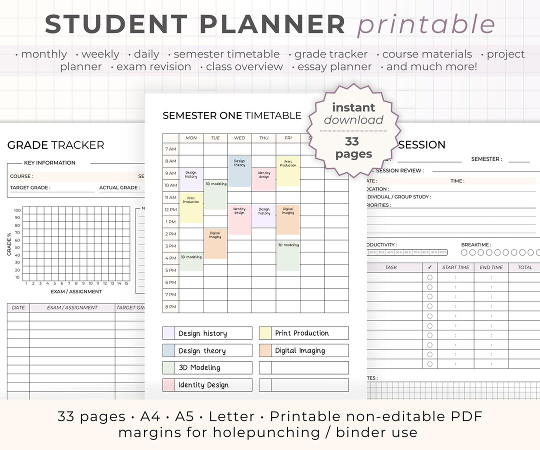 Student Planner Printable Bundle | Academic Planner | Tracker for ...
