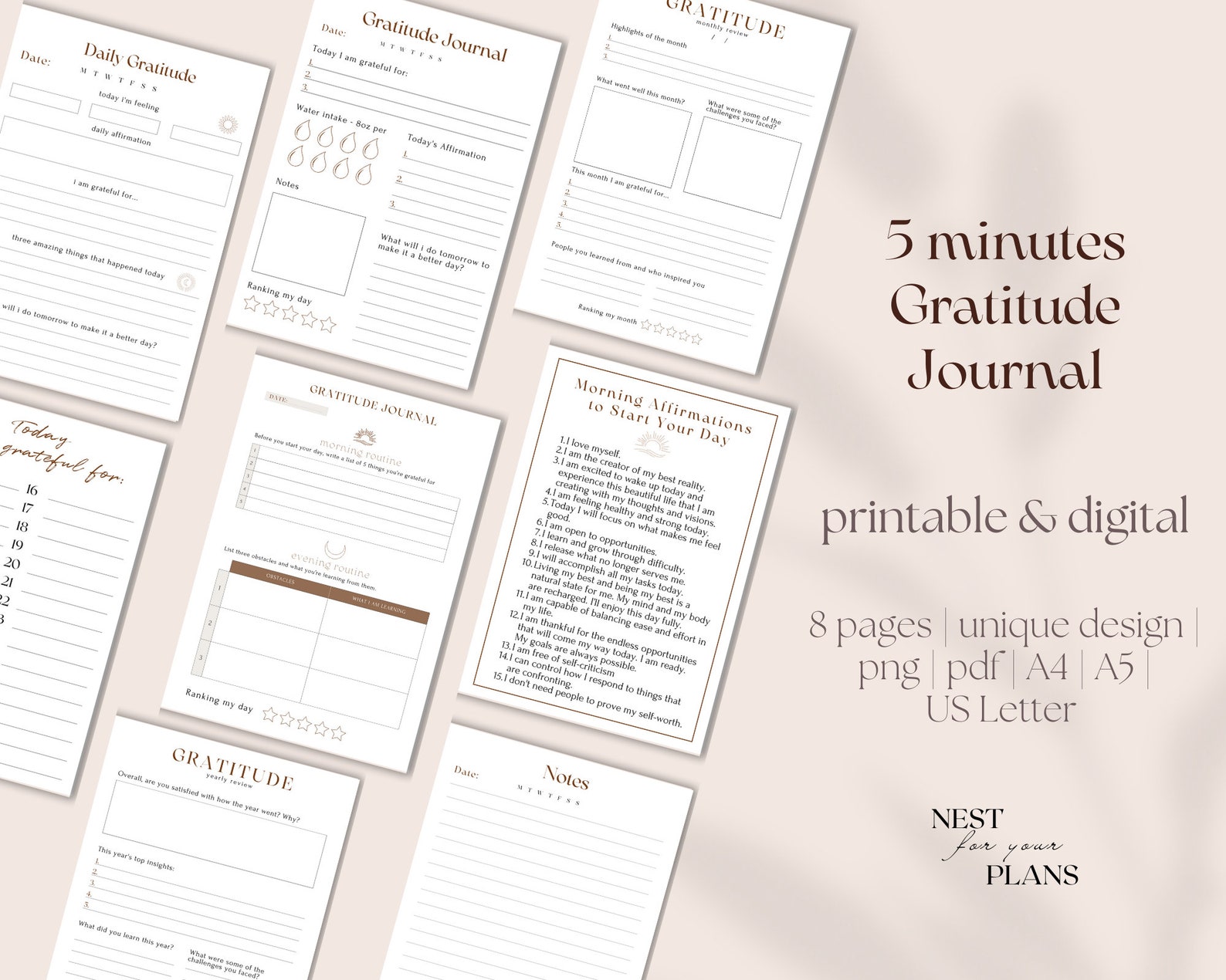 Gratitude Journal Printable Bundle | Minimal Self-care Planner | Daily ...