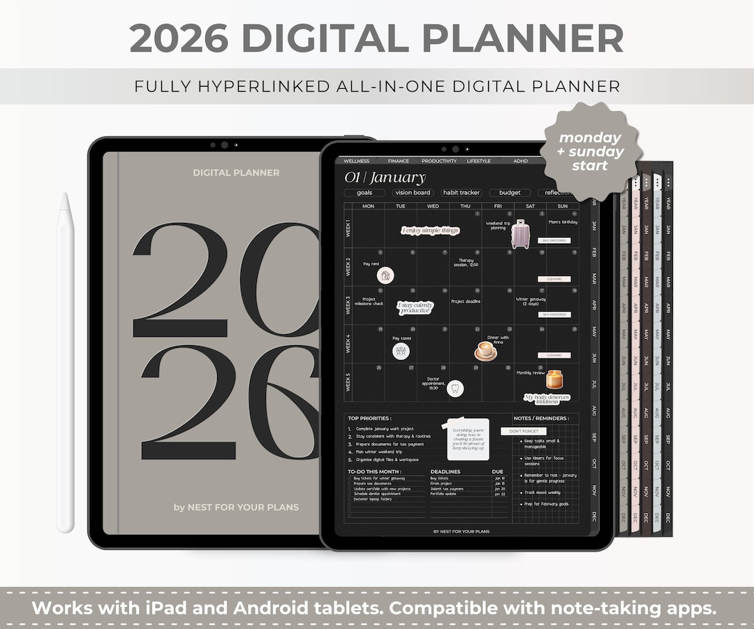 2026 All-in-one Digital Planner Dark Mode, ADHD Goodnotes Planner ...