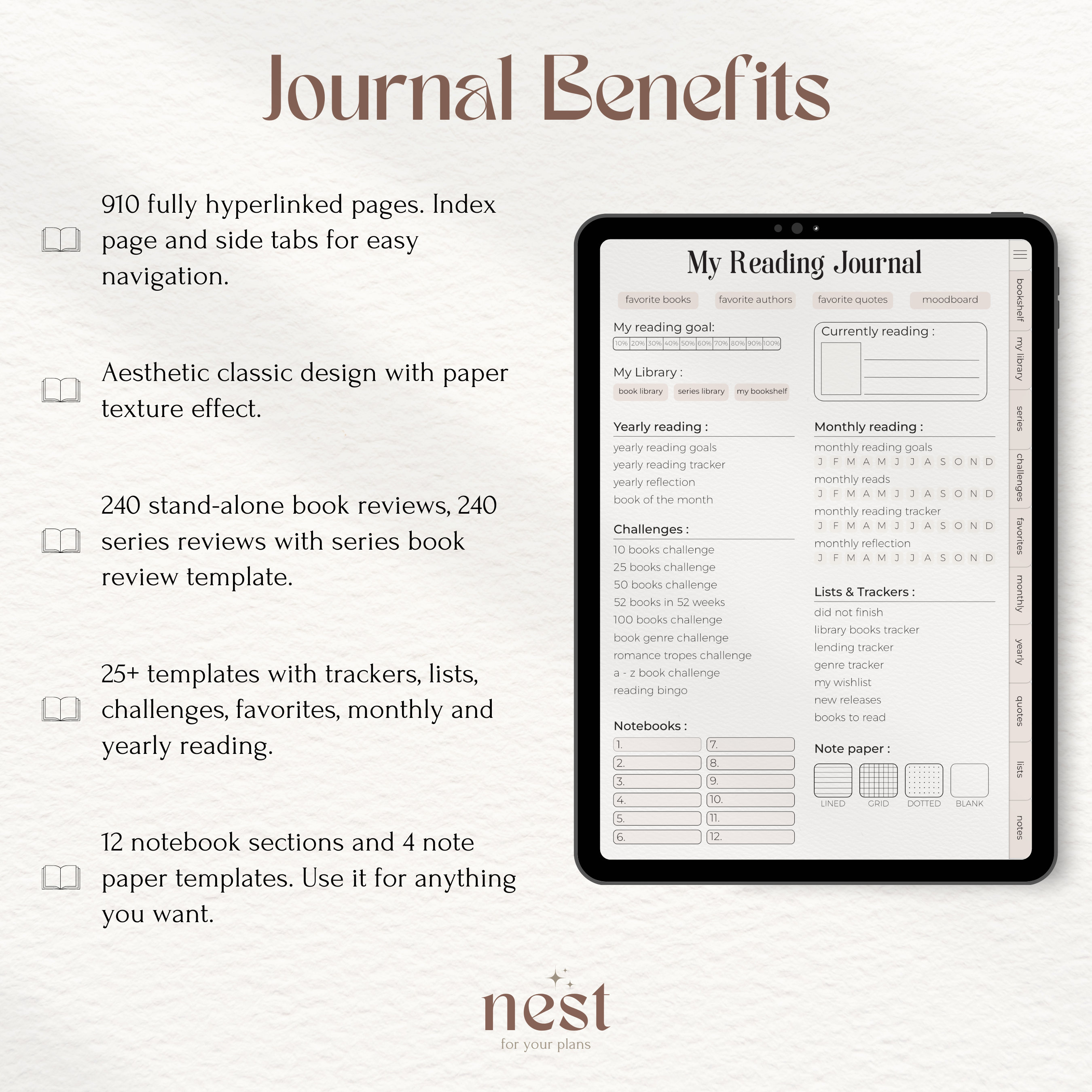 Digital Reading Journal Classic Paper Texture Reading Planner for iPad ...