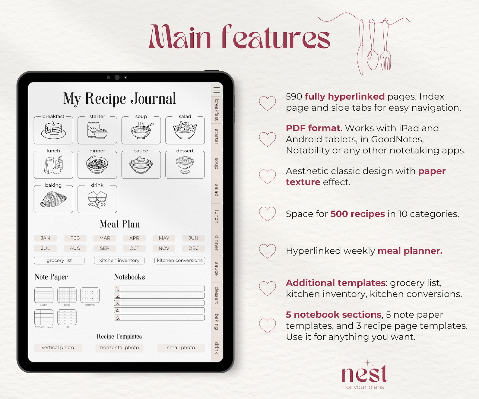 Digital Recipe Book | Paper Texture Goodnotes Meal Planner | Recipe ...