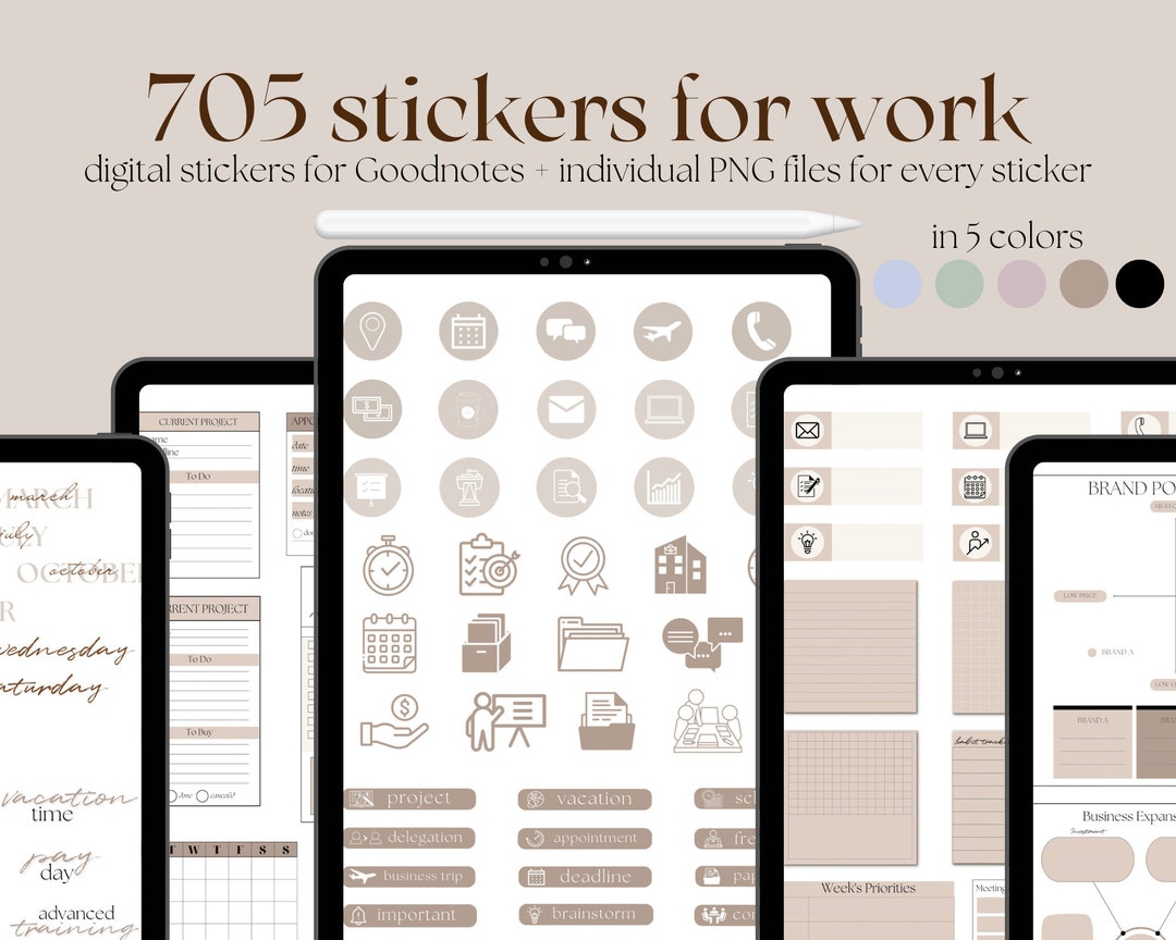 705 Planning Digital Stickers, Work Essentials Goodnotes Stickerbook ...