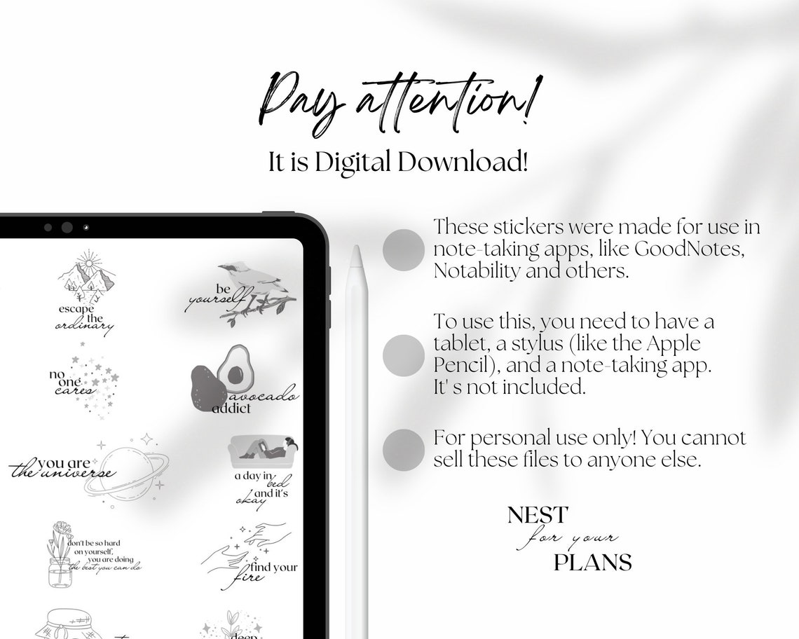 Black and White Digital Stickers, Goodnotes Stickerbook, Text and Image ...