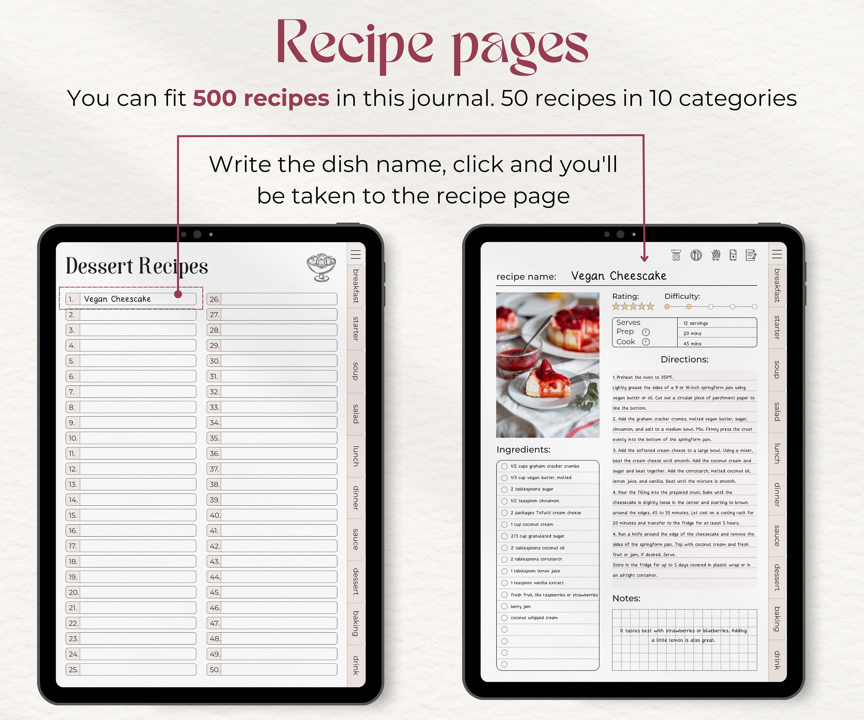 Digital Recipe Book Paper Texture Goodnotes Meal Planner Recipe Journal ...