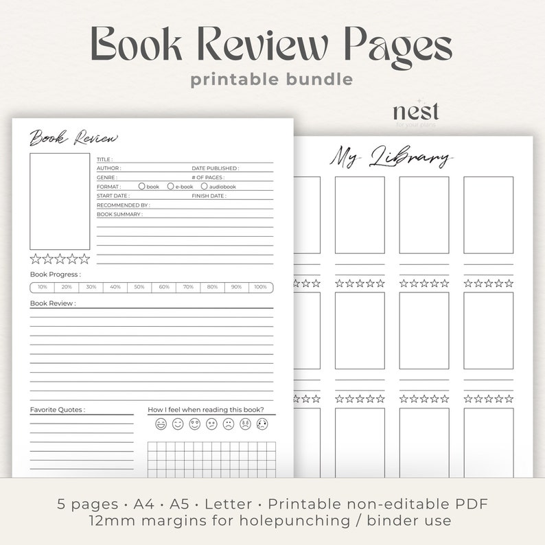 Printable Reading Journal | Minimal Book Review Page | PDF Book Planner ...