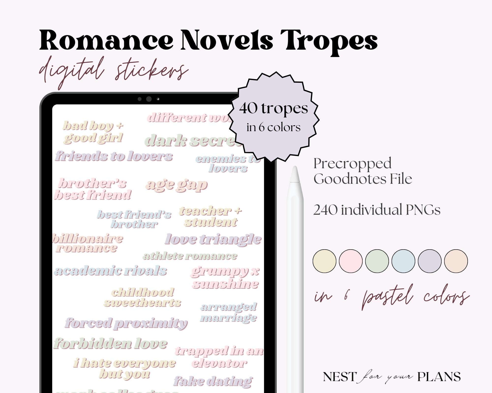 Romance Novel Tropes Digital Stickers, Pastel, Book Lovers Goodnotes ...