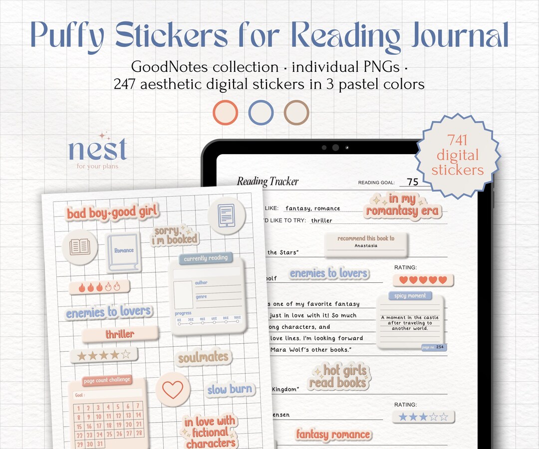 Puffy Digital Stickers for Reading Journal | Pastel Bookish Goodnotes ...