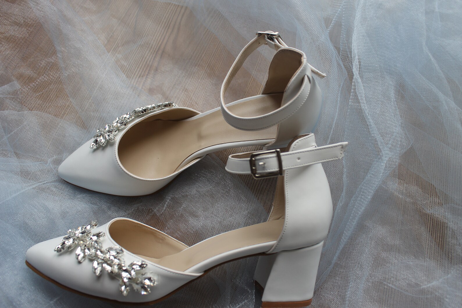 Stone Embellished , Ankle Strap , Block Heel , Wedding Shoe for Bride ...