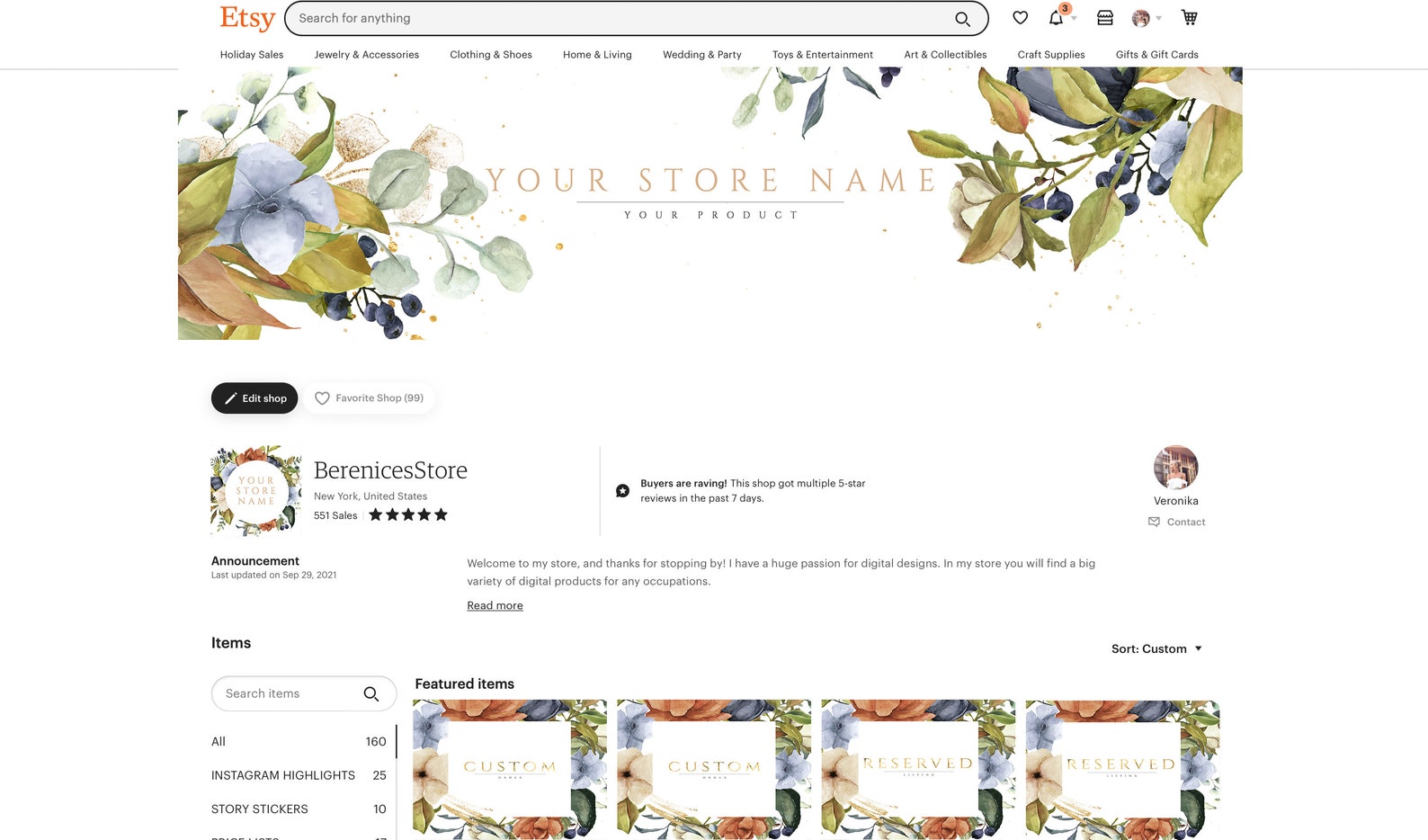 Editable Etsy Branding Kit Etsy Branding Watercolor Flower Etsy Cover ...