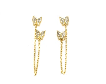 Pave Double Butterfly Chain Earrings/studs. Chain Earrings. Butterfly ...