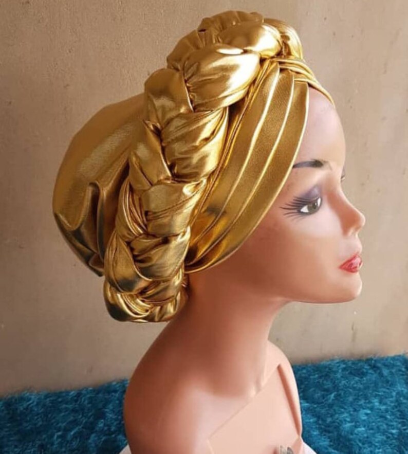Turban Cap, Women Hat, Pre-tied Headwrap, Gold Turban, Braided Turban ...